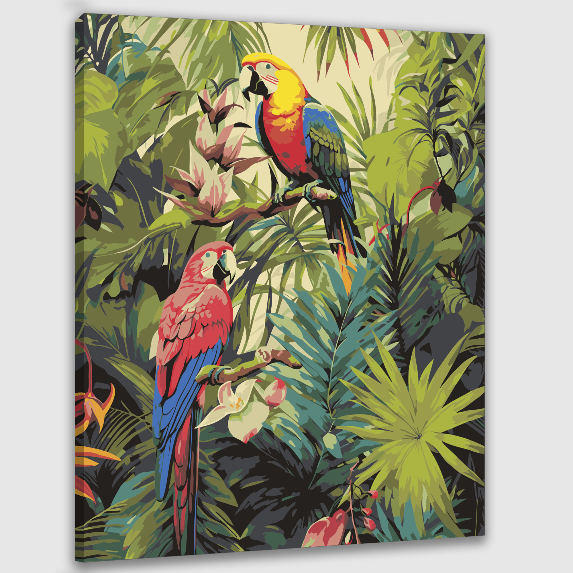 Картина по номерам 40x50 см, Тропический лес, экзотическая флора, фауна, попугаи, туканы, пальмы, виноградные лозы