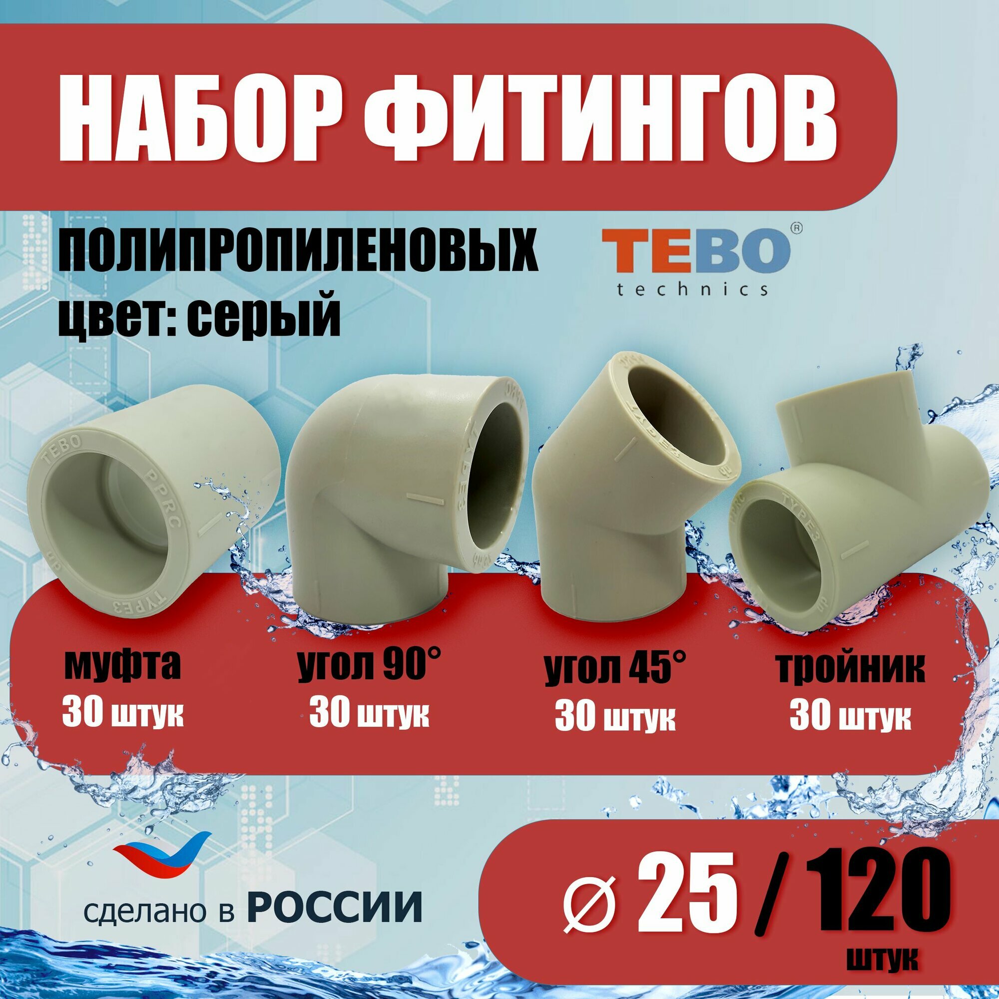 Набор фитингов для полипропиленовых труб 25 мм 120 шт TEBO (серый)