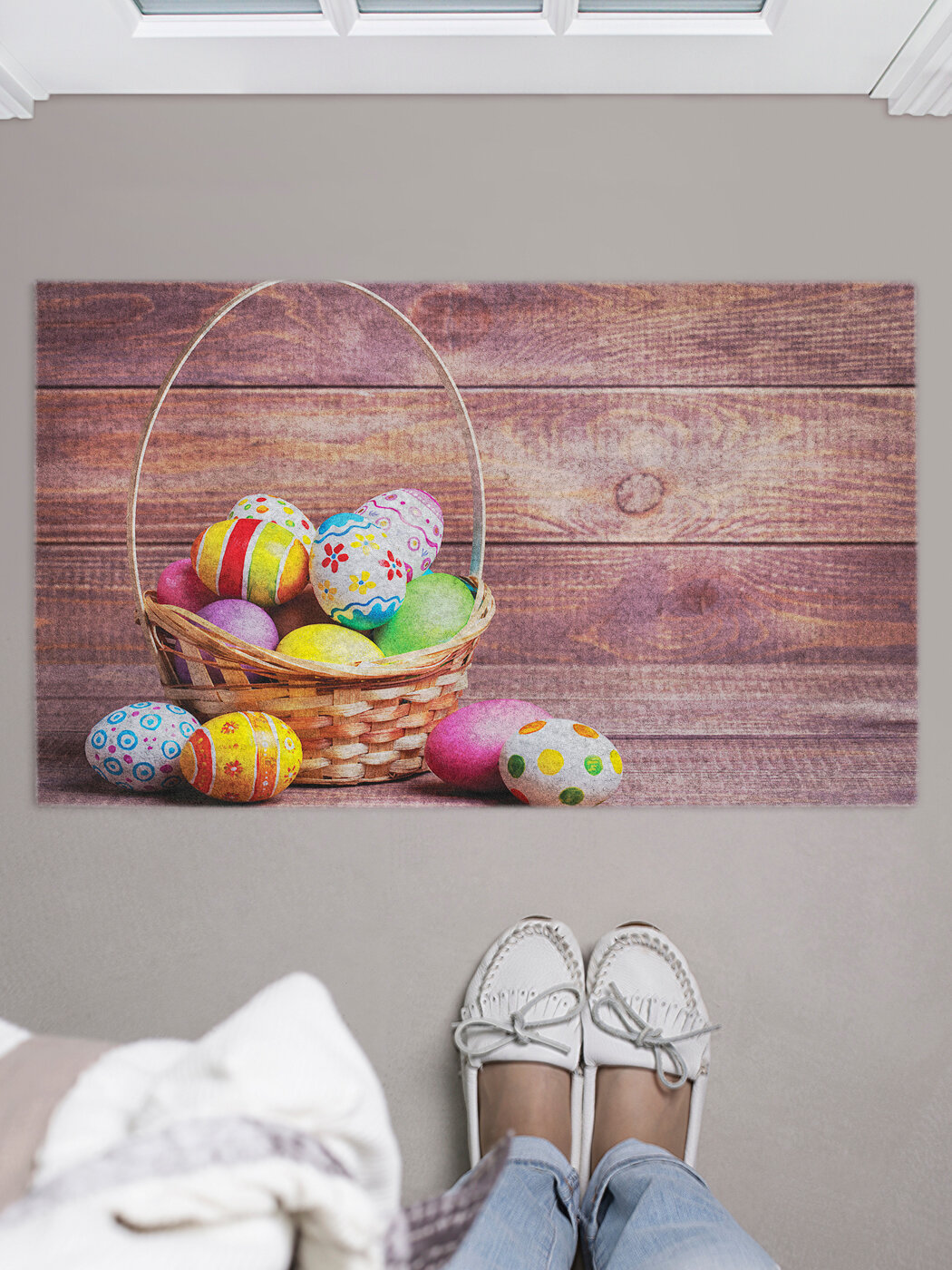 Коврик придверный в прихожую с принтом "Пасхальные яйца в корзинке" 45 на 75 см , JoyArty