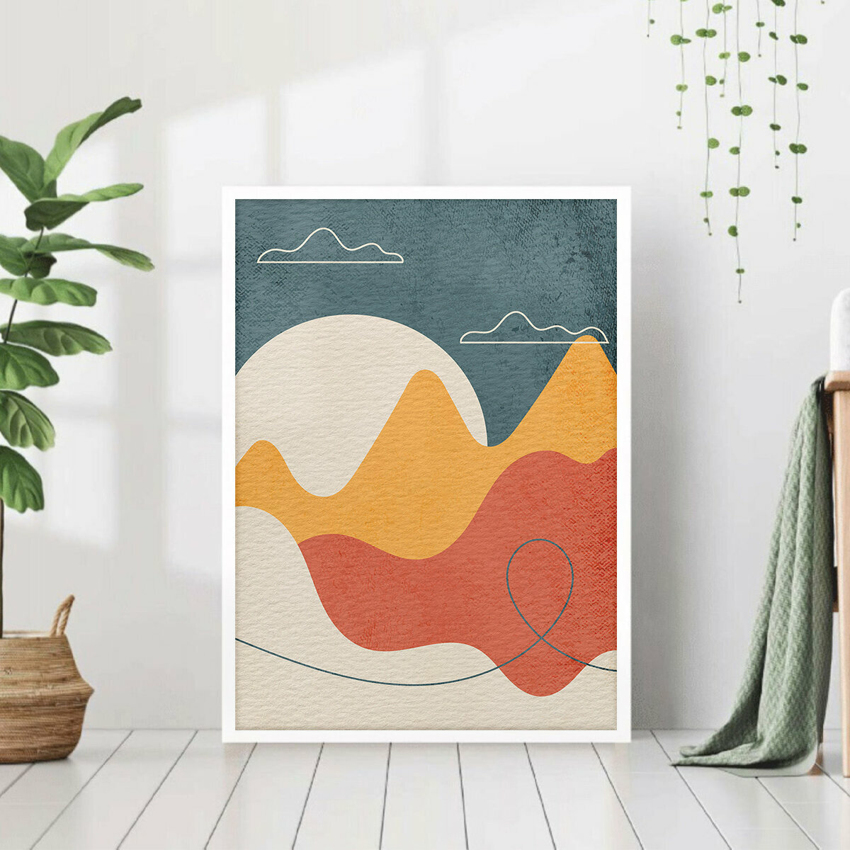 Постер "Солнце за горами" в белой рамке 50x70 см для интерьера на стену