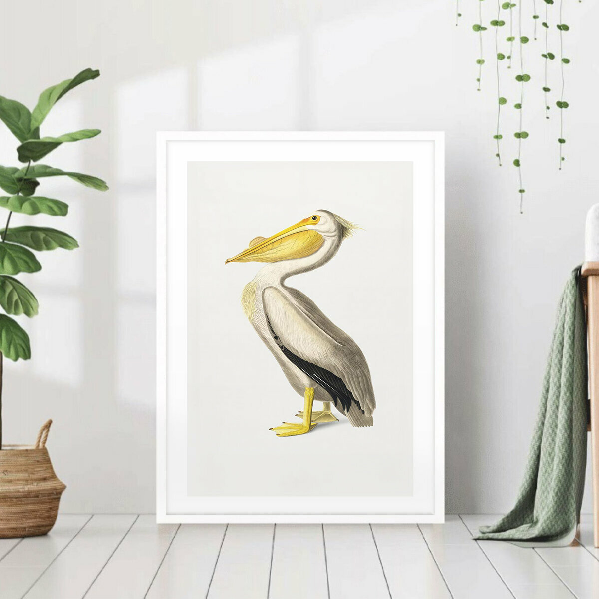 Постер "Белый пеликан" 50x70 в белой рамке на стену для интерьера