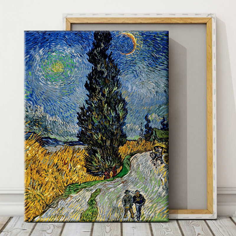 Картина на холсте 50х70 см "Репродукция Дорога с кипарисом и звездой, Ван Гог", на стену для интерьера