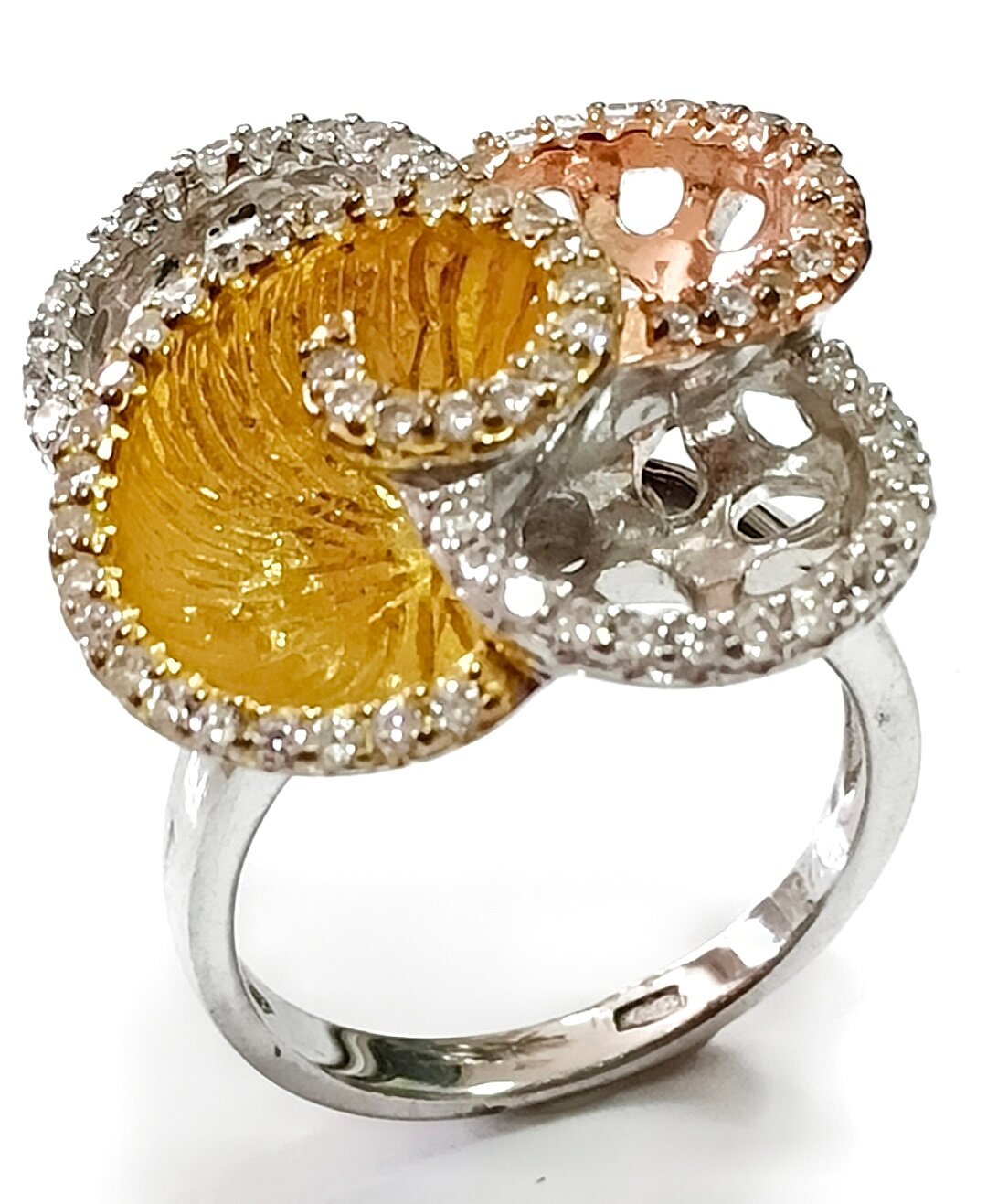 Перстень, серебро, 925 проба, родирование, золочение, фианит