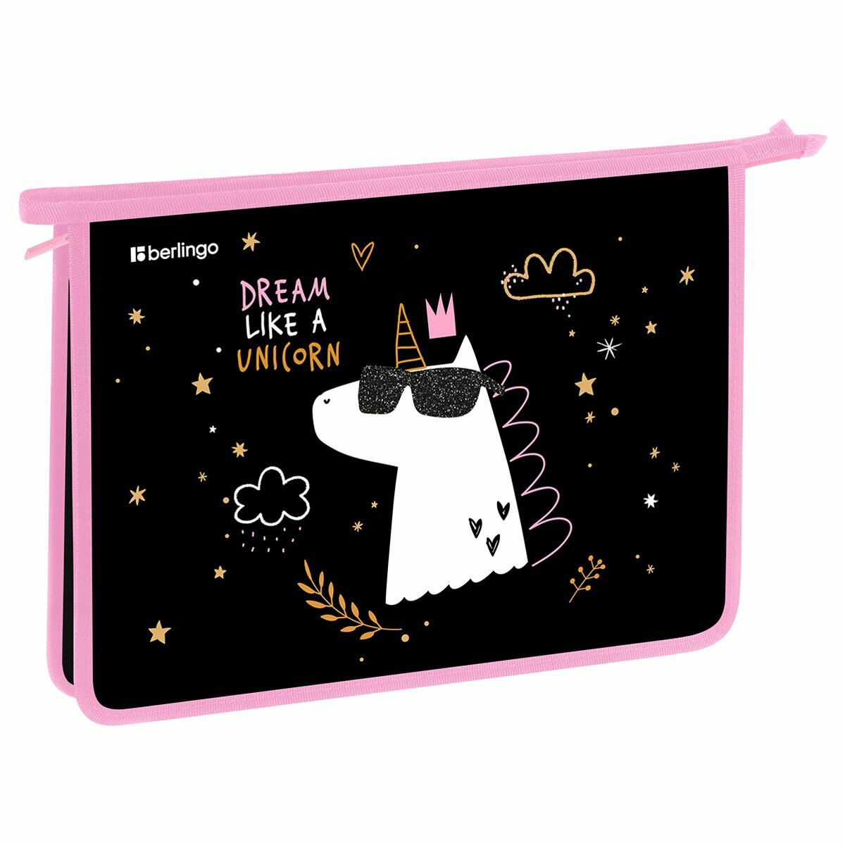 Папка для тетрадей 1 отделение, А4 Berlingo "Dream Like A Unicorn", 340x245x40мм, пластик, на молни (BR-PP-A40516)