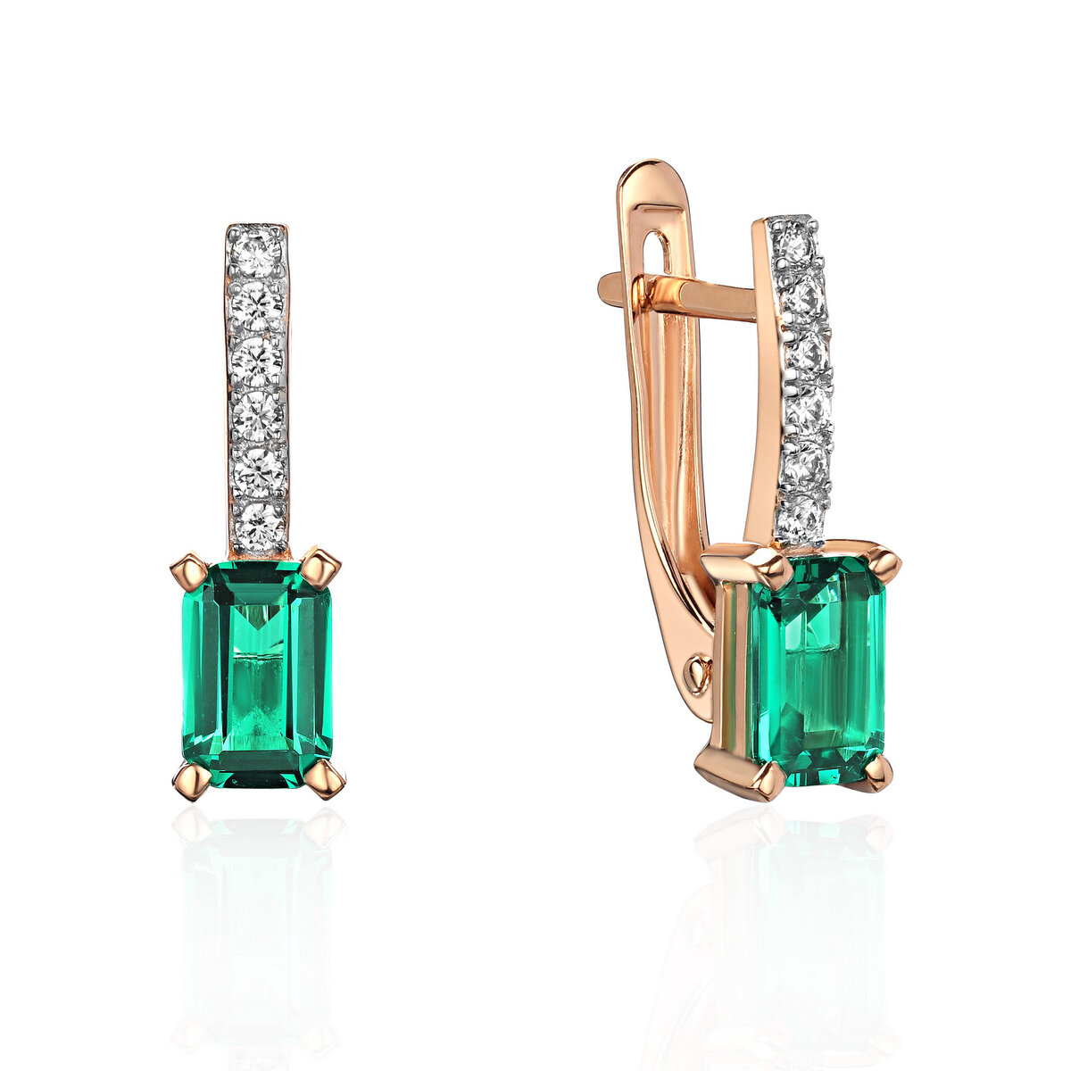 Серьги, красное золото, 585 проба, родирование, изумруд, фианит