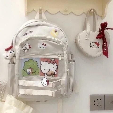Рюкзак Hello Kitty для девочек, школьный бежевый из Оксфорд нейлона, с принтом Hello Kitty, с отделениями для телефона и карманом для бутылки