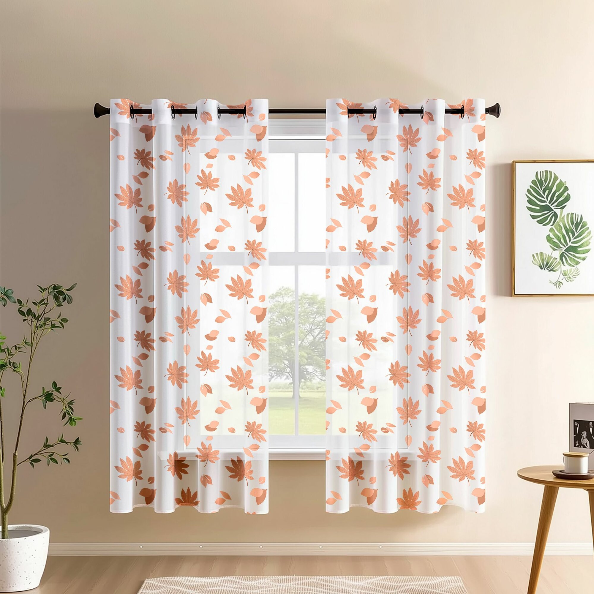 Тюль с рисунком для кухни короткий из двух полотен на люверсах (в комплекте 2 тюля шириной 140см каждое) арт КЛЕН-К-Л-260 выс 160 см цвет оранжевый