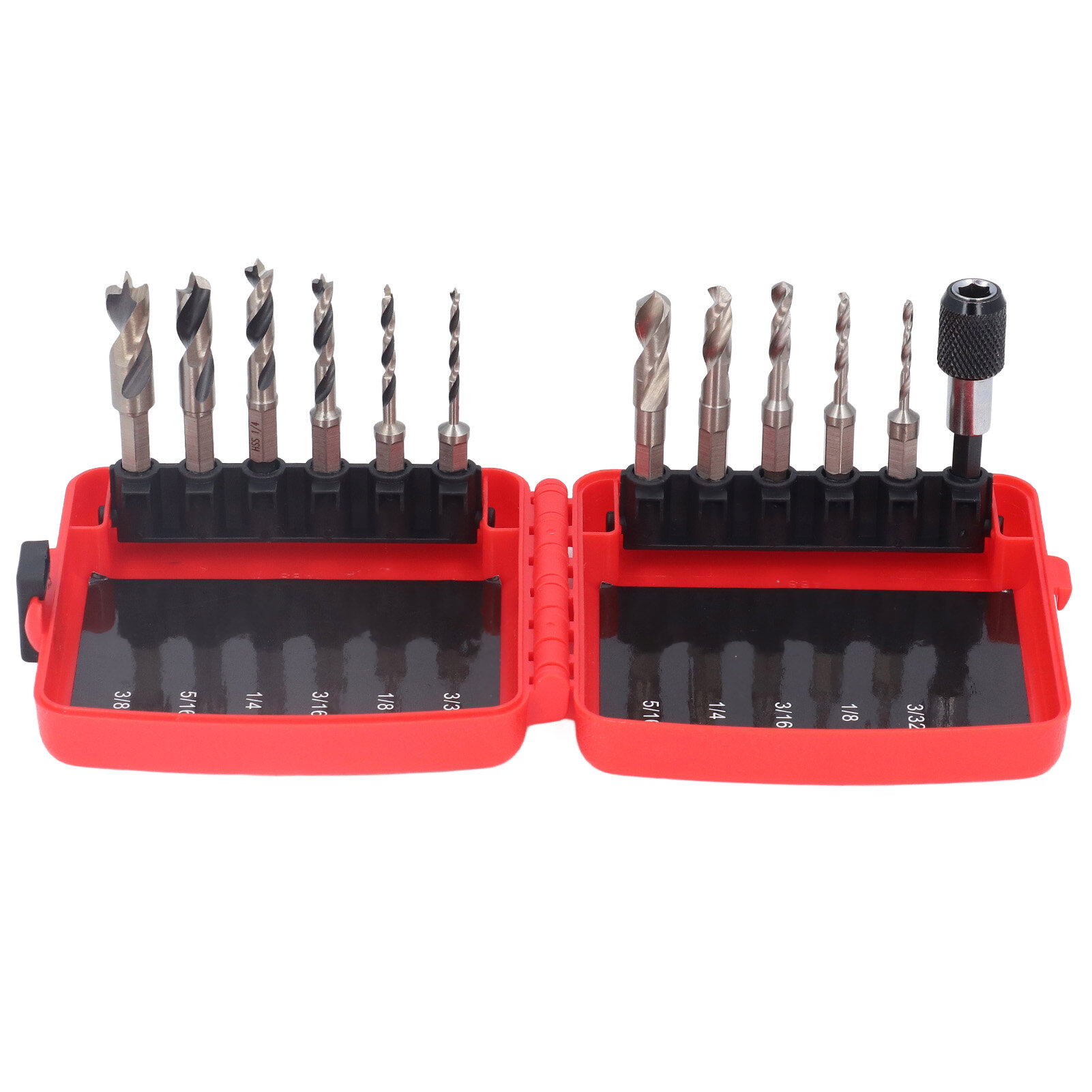 6 шт. трехточечных сверл с центрирующим наконечником, 5 шт. коротких сверл с шестигранным хвостовиком 1/4 дюйма из быстрорежущей стали.