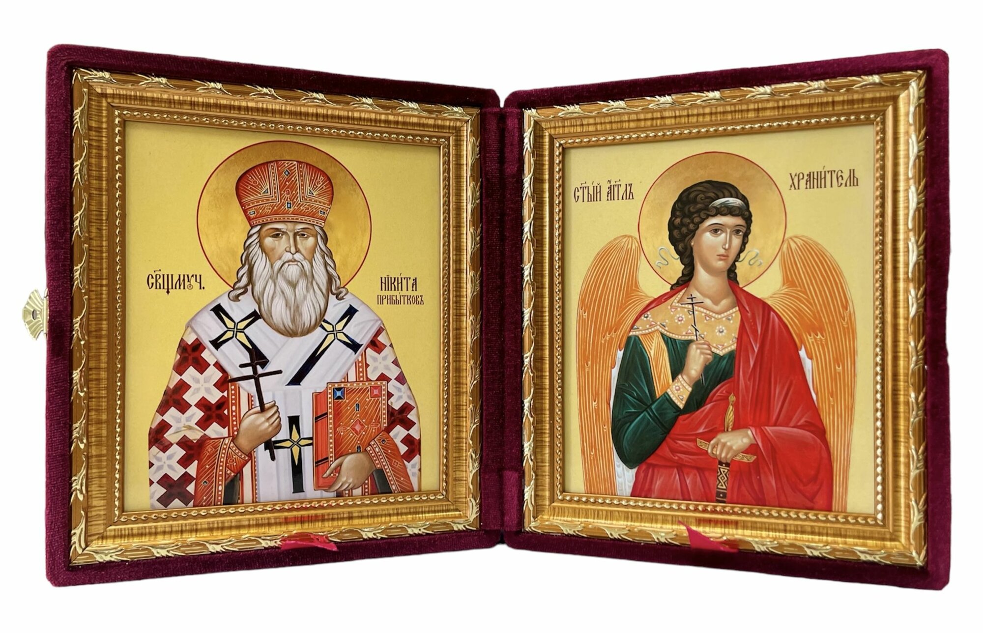 Икона Складень Никита (Прибытков), Белевский, Священномученик и Ангел Хранитель в бархатном футляре, 10х11 см