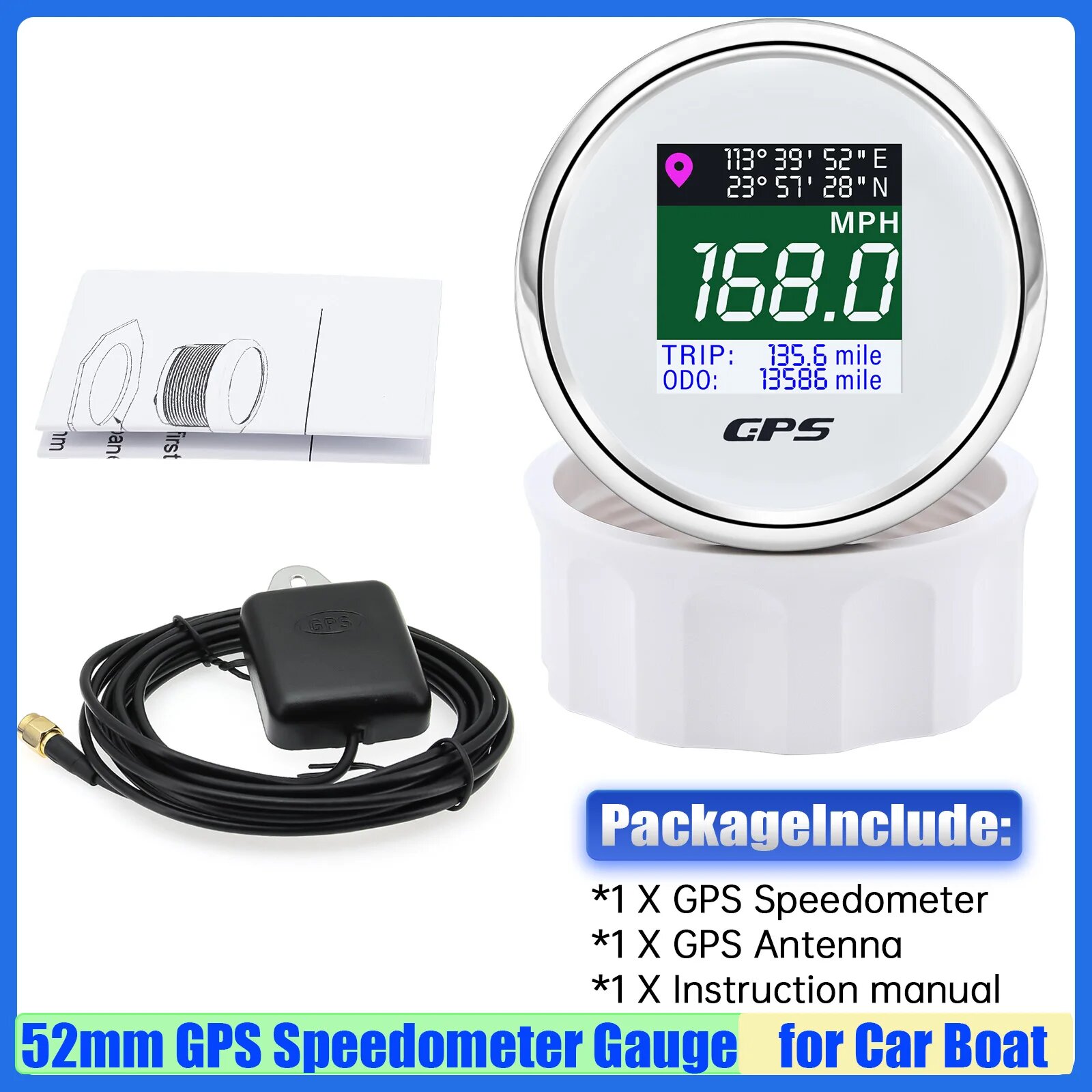 52 мм GPS-спидометр с GPS-антенной Цифровой спидометр KMH, MPH, Knots Unit TFT-экран Trip ODO Одометр Автомобиль Лодка WS