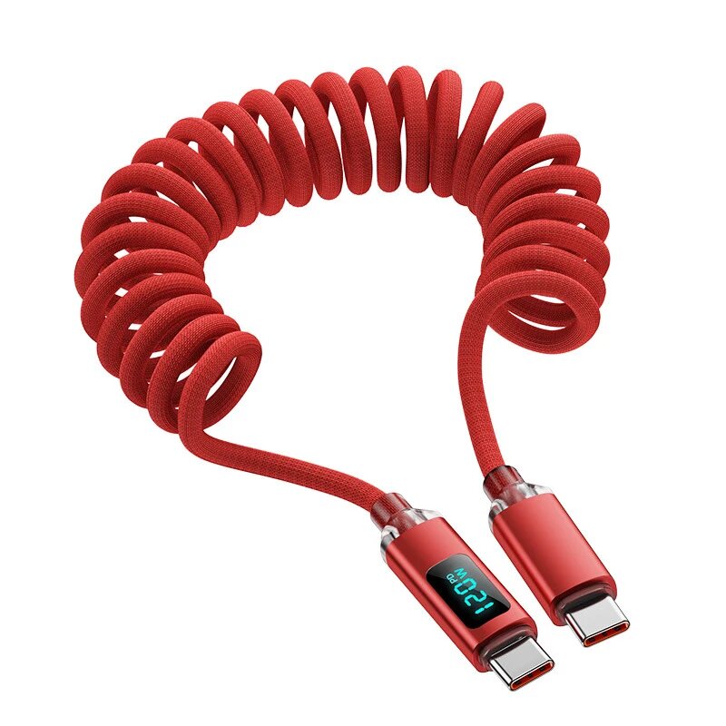 Пружинный кабель USB C к Type-C, 120 Вт, Red-C, с дисплеем
