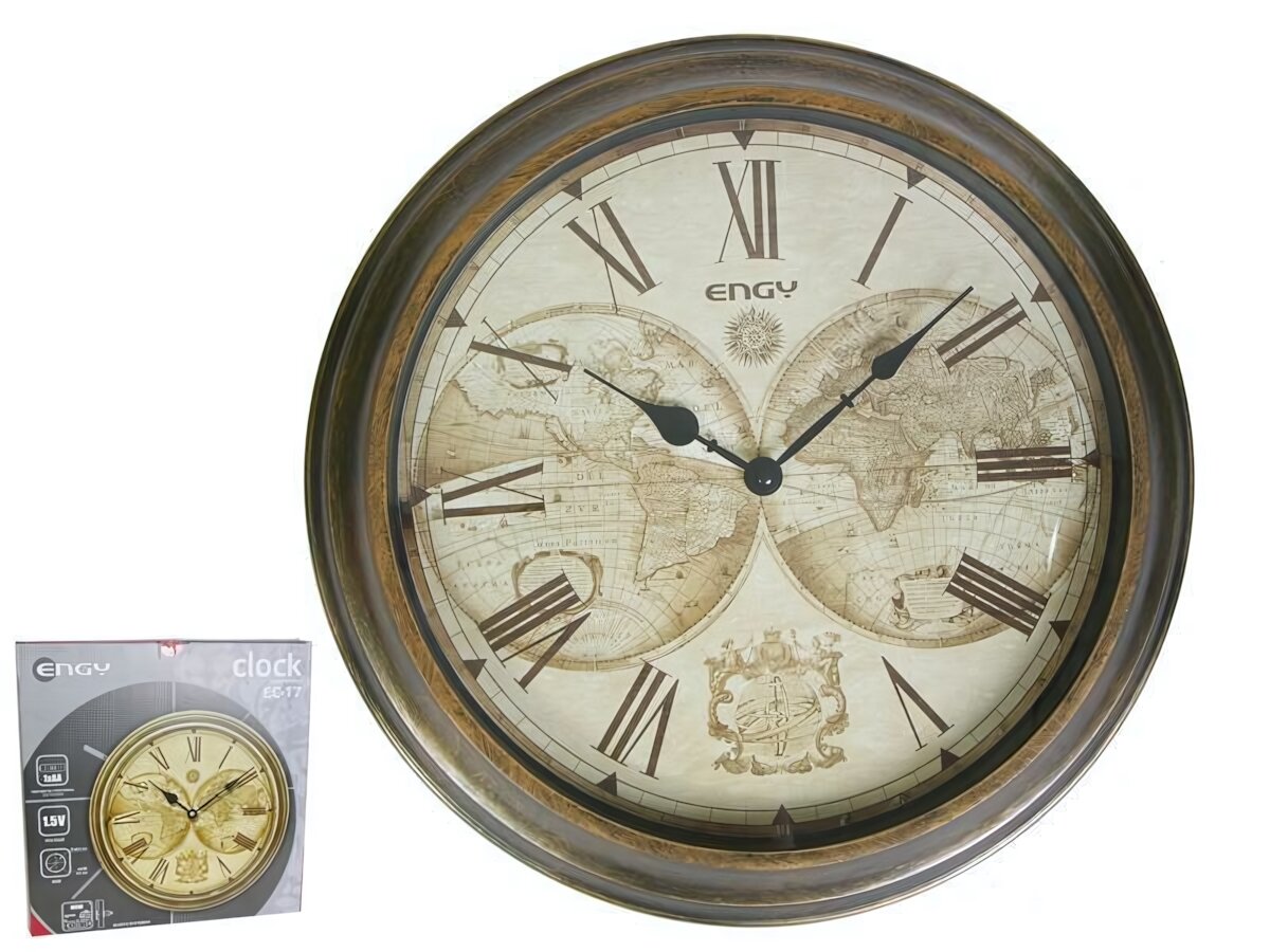 Часы настенные "Глобус" EC-17, круглые 40,5 см, золотистая рамка, пластик, римские цифры