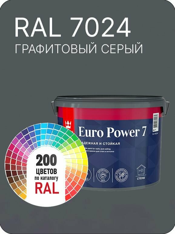 Краска для стен и потолка Tikkurila Euro Power 7 графитовый серый Ral 7024 9 л.