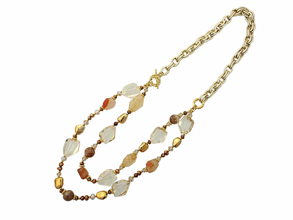 Колье, цитрин, жемчуг имитация, стекло