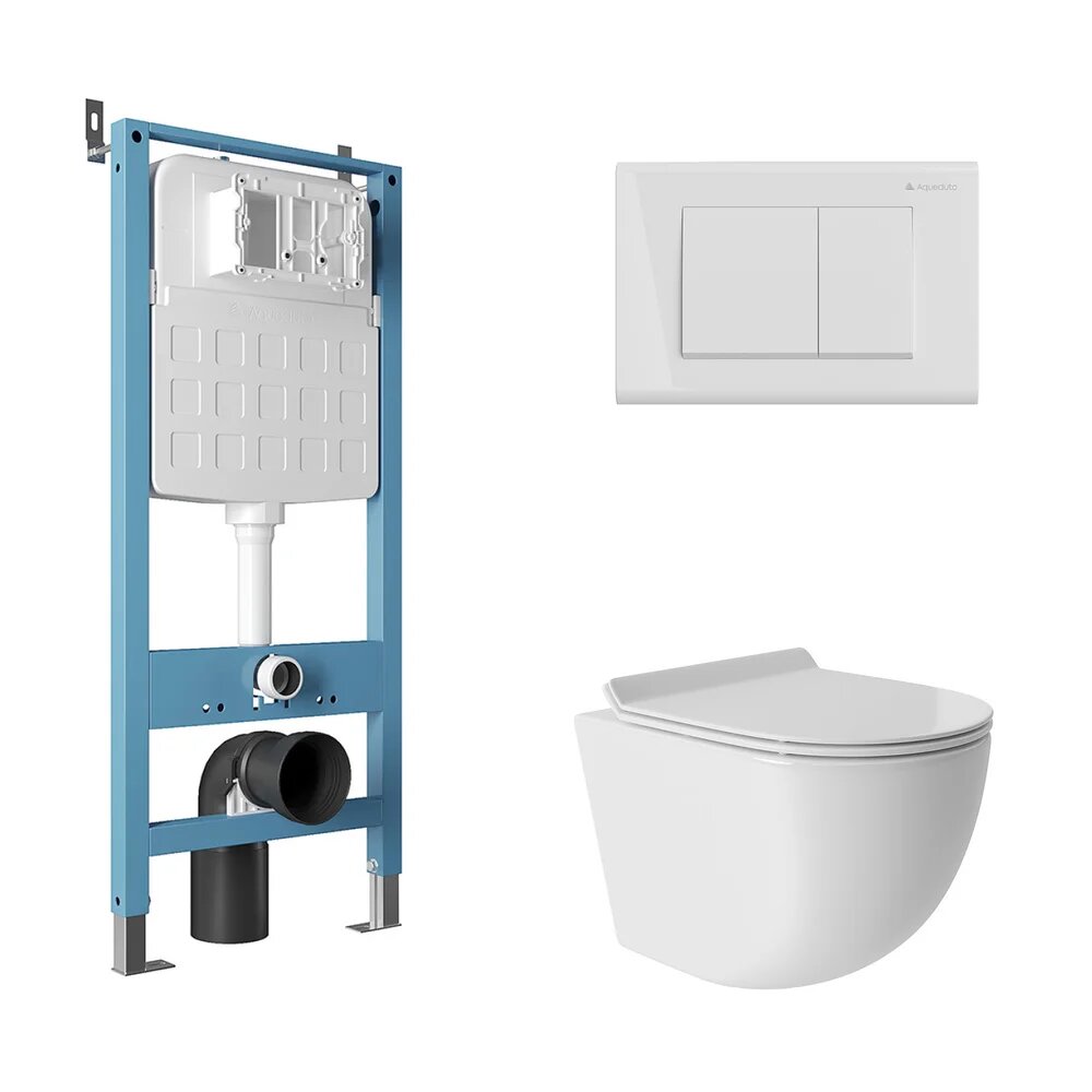 Комплект Aqueduto AQDS094T Унитаз подвесной Ovo безободковый, с микролифтом, смыв Tornado / Система инсталляции для унитазов Tecnica Novo / Кнопка смыва Quadrado белая глянцевая