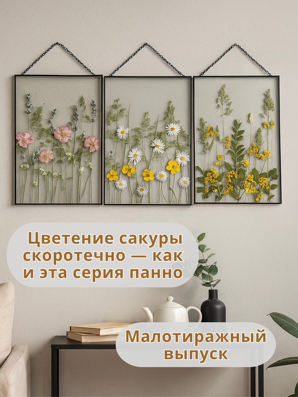 Набор из 3 панно на цепочке с сухоцветами в стекле, интерьерный декор ручной работы, прозрачный гербарий в стиле эко-минимализм"Forget-me-not" / 20*30 см каждая рама / черная рама