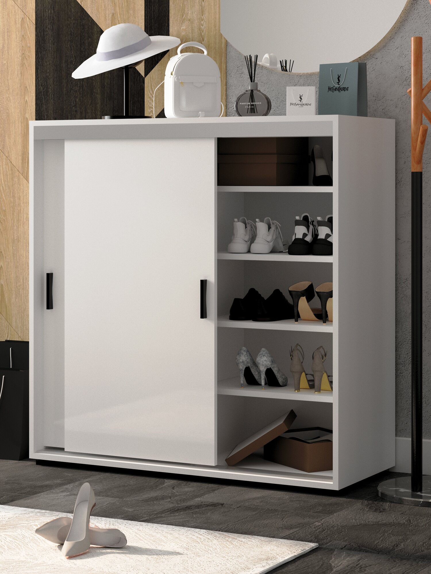 Есэндвич Депо-4 Тумба-купе для обуви с полками 100х102х40 см (Белый/Белый глянец)