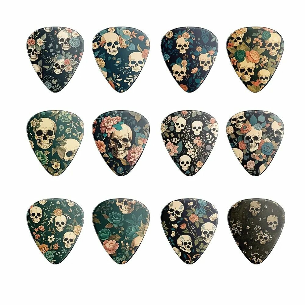 Гитарные медиаторы 12 шт 0.71мм, двусторонняя печать с уникальными рисунками (12 дизайнов), набор из целлулоида для акустической, электрогитары и укулеле, для детей и взрослых