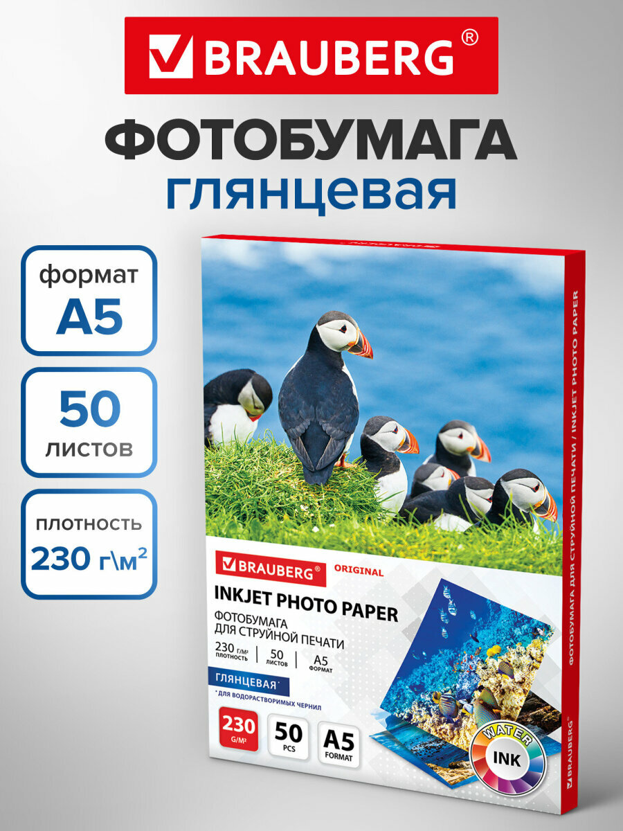 Фотобумага глянцевая для печати на струйных принтерах, А5, 230 г/м2, односторонняя, 50 листов, Brauberg Original, 363977
