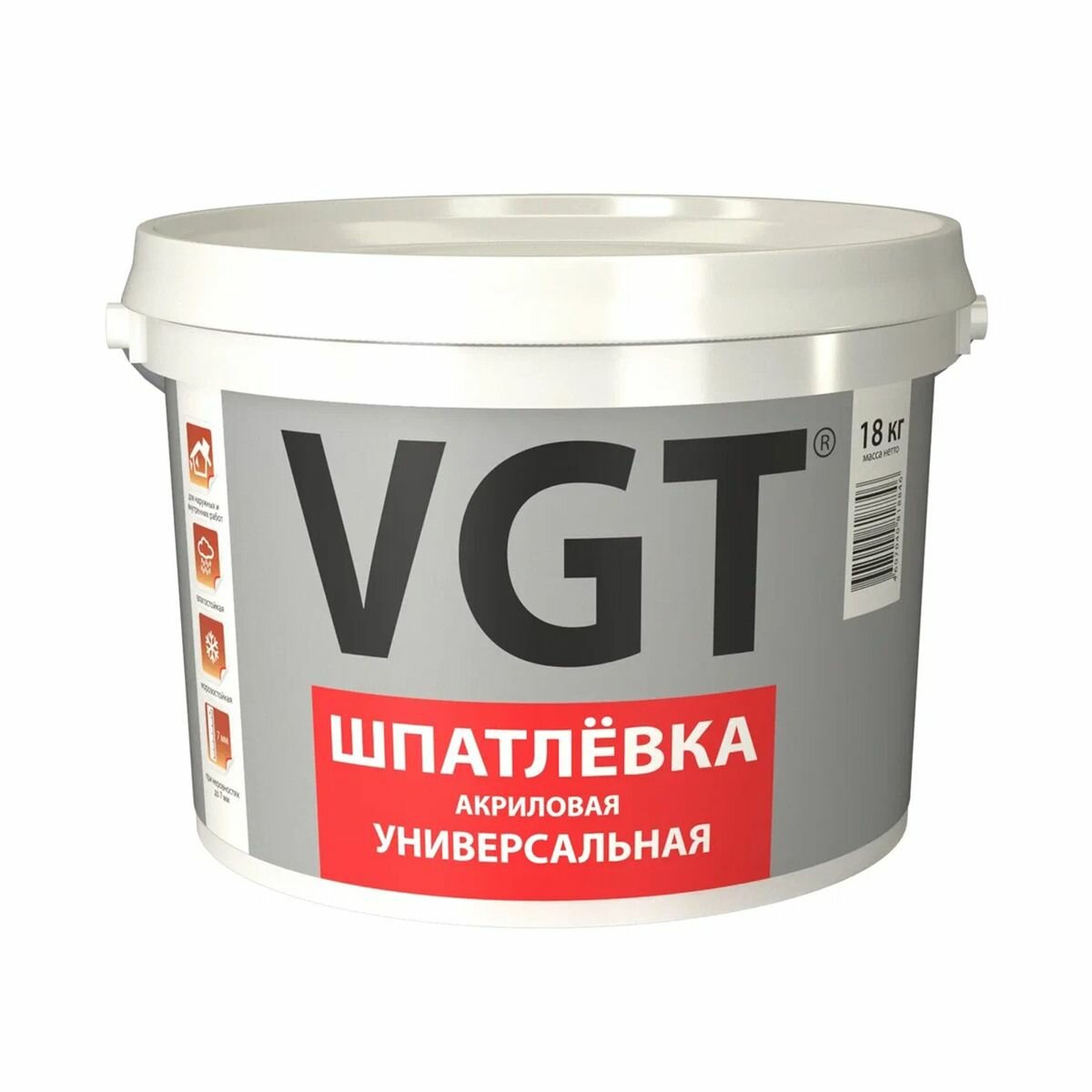 Шпатлевка акриловая VGT универсальная, вес 18 кг, влагостойкость
