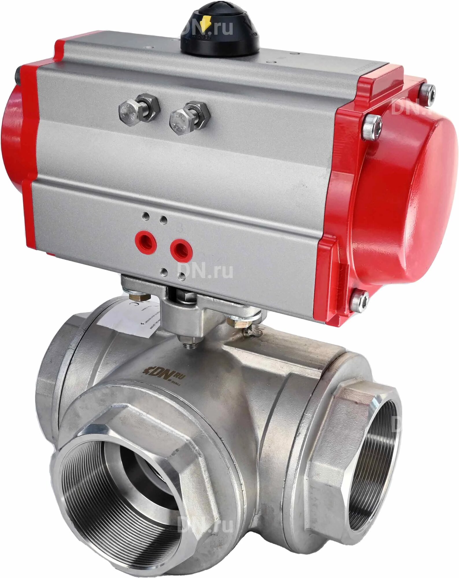 Кран шаровой DN.ru RP. SS316.200. MM.065-ISO Ду65 Ру40 стандартнопроходной трехходовой L-тип, нержавеющая сталь SS316, внутренняя резьба, уплотнение - PTFE, с пневмоприводом DN. ru DA-083 двойного действия