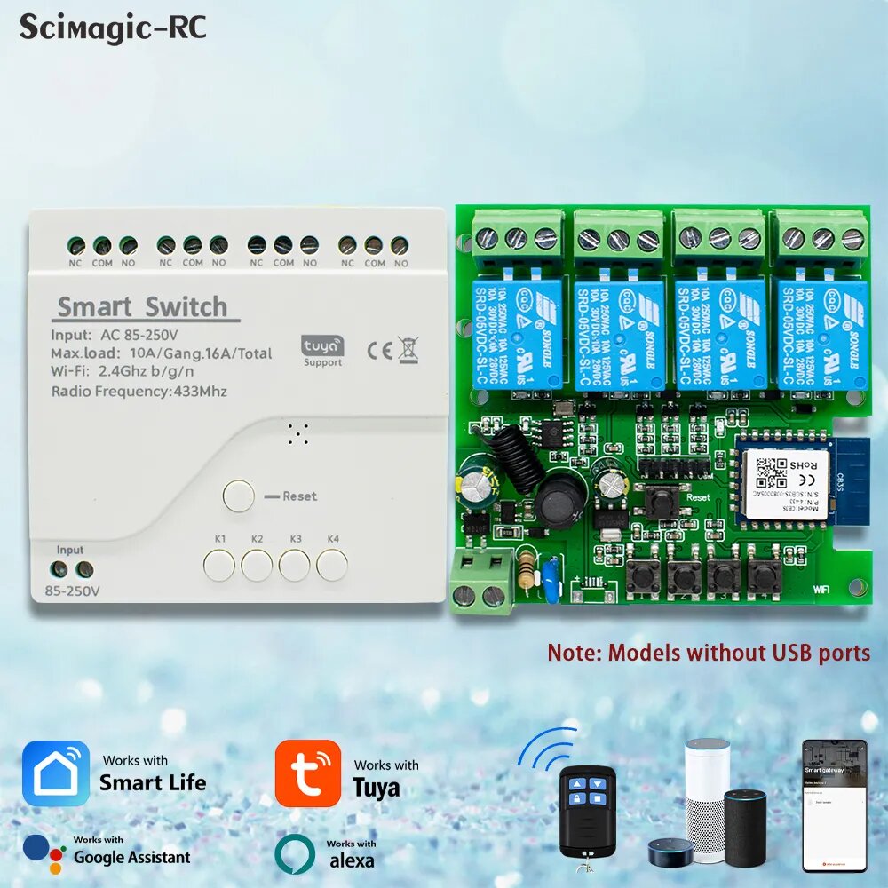 Tuya WiFi AC 85-250V 220V 4-канала RF 433 умный выключатель Модуль управления устройством с Alexa Google Home (Без пульт)
