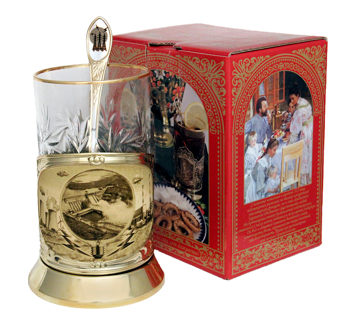 Набор д/чая "Энергетики" (3 пр.) - картон. коробка, хруст. стакан, латунь, гравировка, ложка - нерж. зол. грав. ПД-512/1К-л