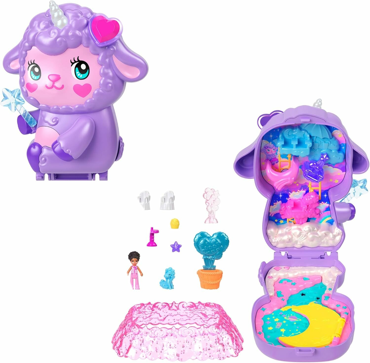 Фигурки Mattel Polly Pocket Sheepcorn - Компактный набор Dreamland Овечка + аксессуары и микрокукла - Полли Покет JCB15