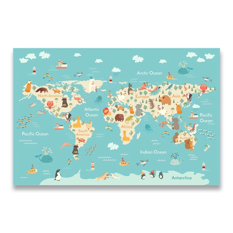 Карта мира с изображением животных, океана, детский постер, детский холст, принт, детское просветительское настенное искусство, картина, декор для детской спальни