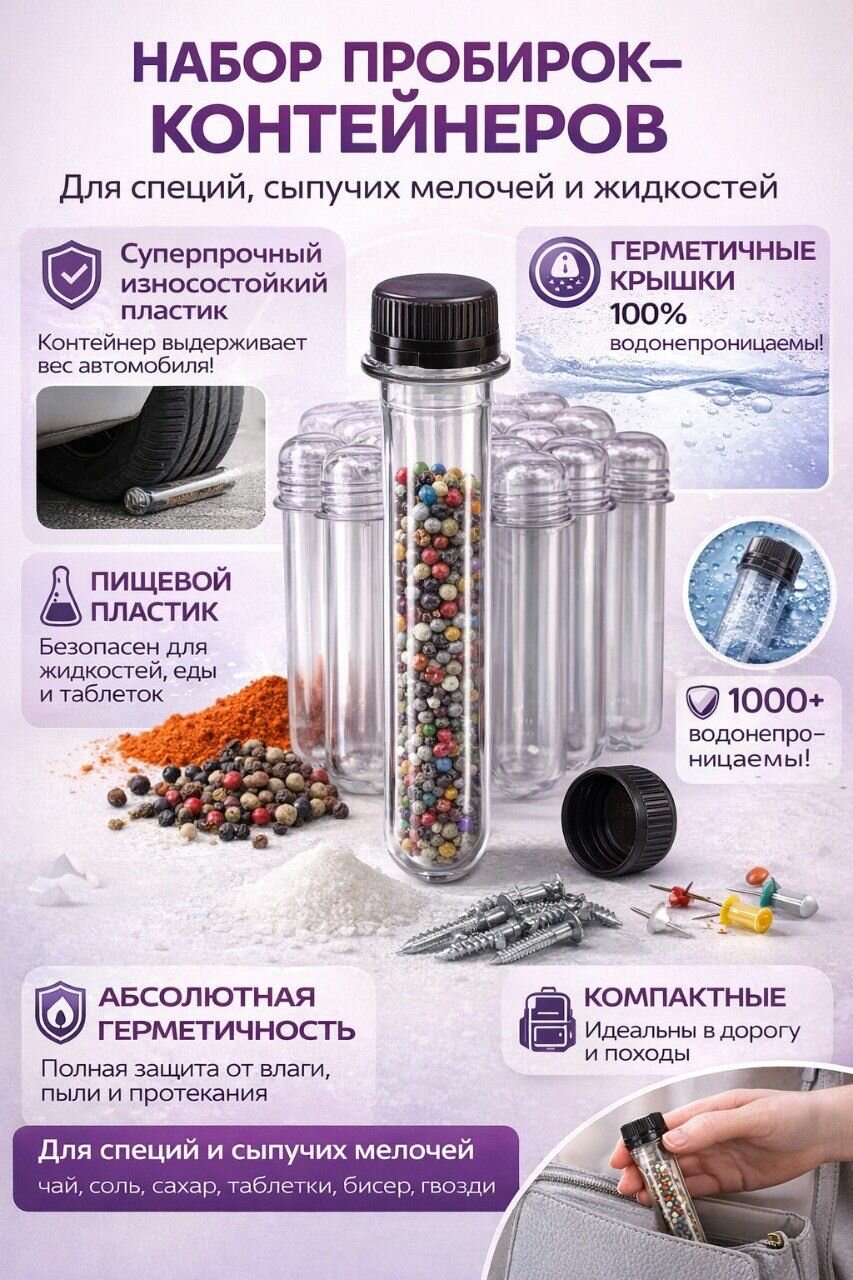 Пробирки с крышками-пищевые для хранения мелочей/контейнер/преформа 50мл. 10шт