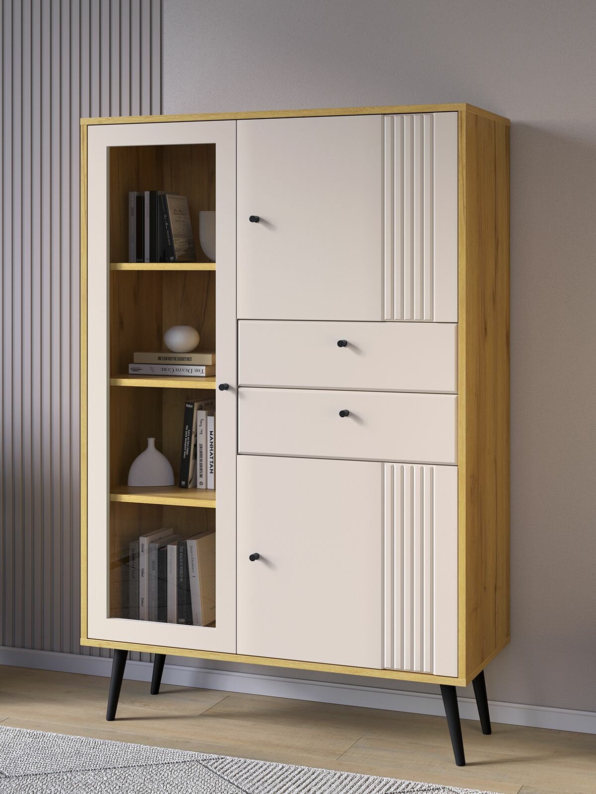 Шкаф с витриной низкий Вега Саксония, со стеклом, для посуды на ножках, в гостиную, бежевый