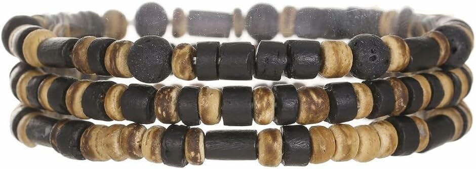 Набор мужских браслетов из бусин, браслет из деревянных бусин, браслет с крестом, который можно носить в несколько рядов, эластичный, черные и коричневые бусины, регулируемый размер.