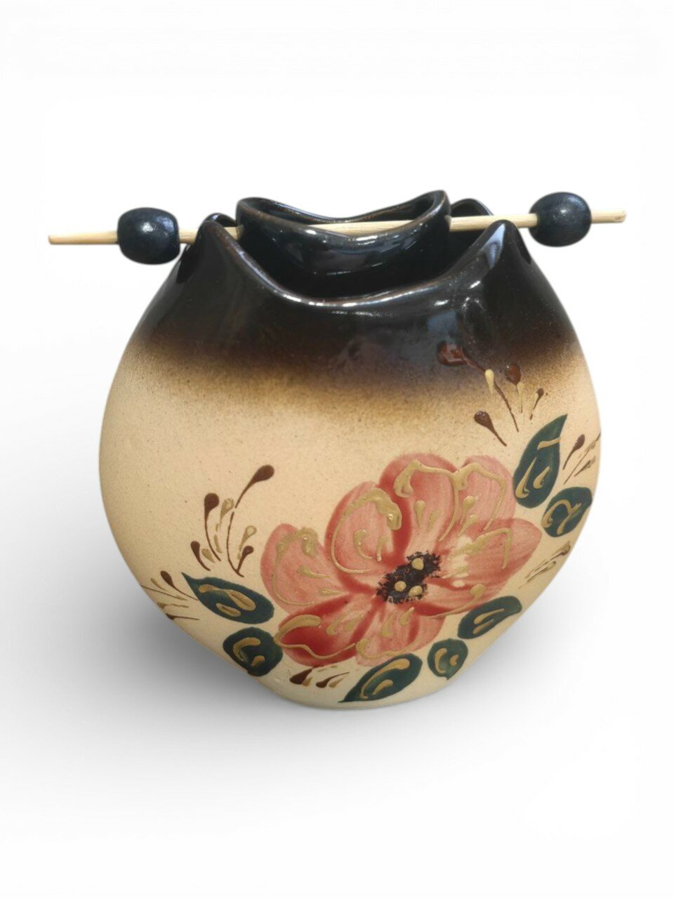 Аромалампа Плоская Ваза с подвесной чашей, бежевая (ручная роспись, керамика, 11 см.), 1 шт.