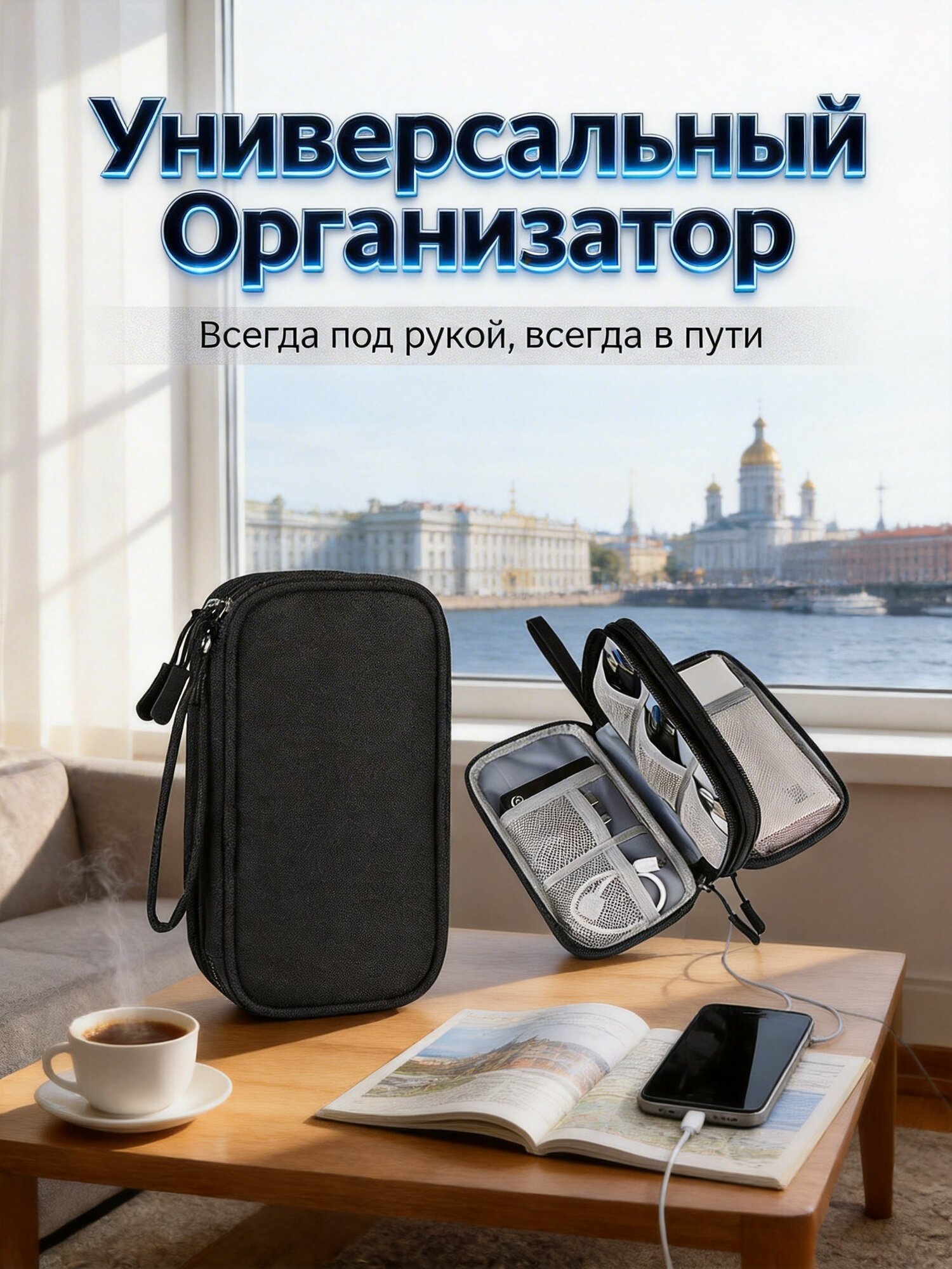 Органайзер для сумки и рюкзака холщовый клатч 19x11x5,5 см для зарядных устройств и аккумуляторов, с сеткой.