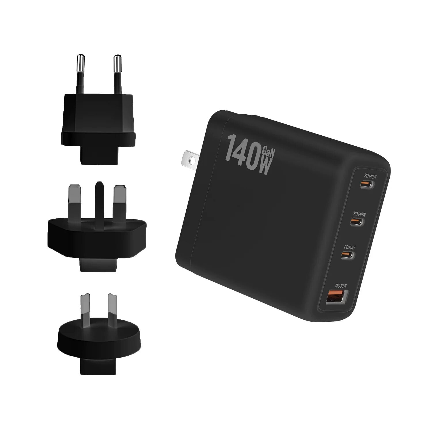 140 Вт GaN зарядное устройство с 3 портами USB-C и 1 портом USB-A для стандартов США/Великобритании/Австралии