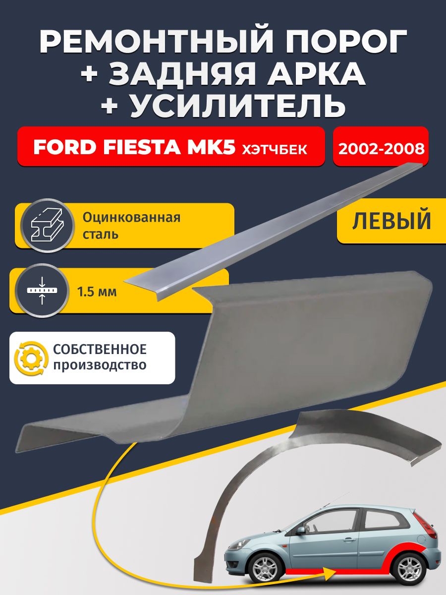 Левая ремонтная задняя арка (0,8 мм) и левый ремонтный стандартный порог (1.5 мм) + усилитель (1,5 мм) на Ford Fiesta MK5 2002-2008 хэтчбек 5 дв (Форд Фиеста). Материал оцинкованная сталь.