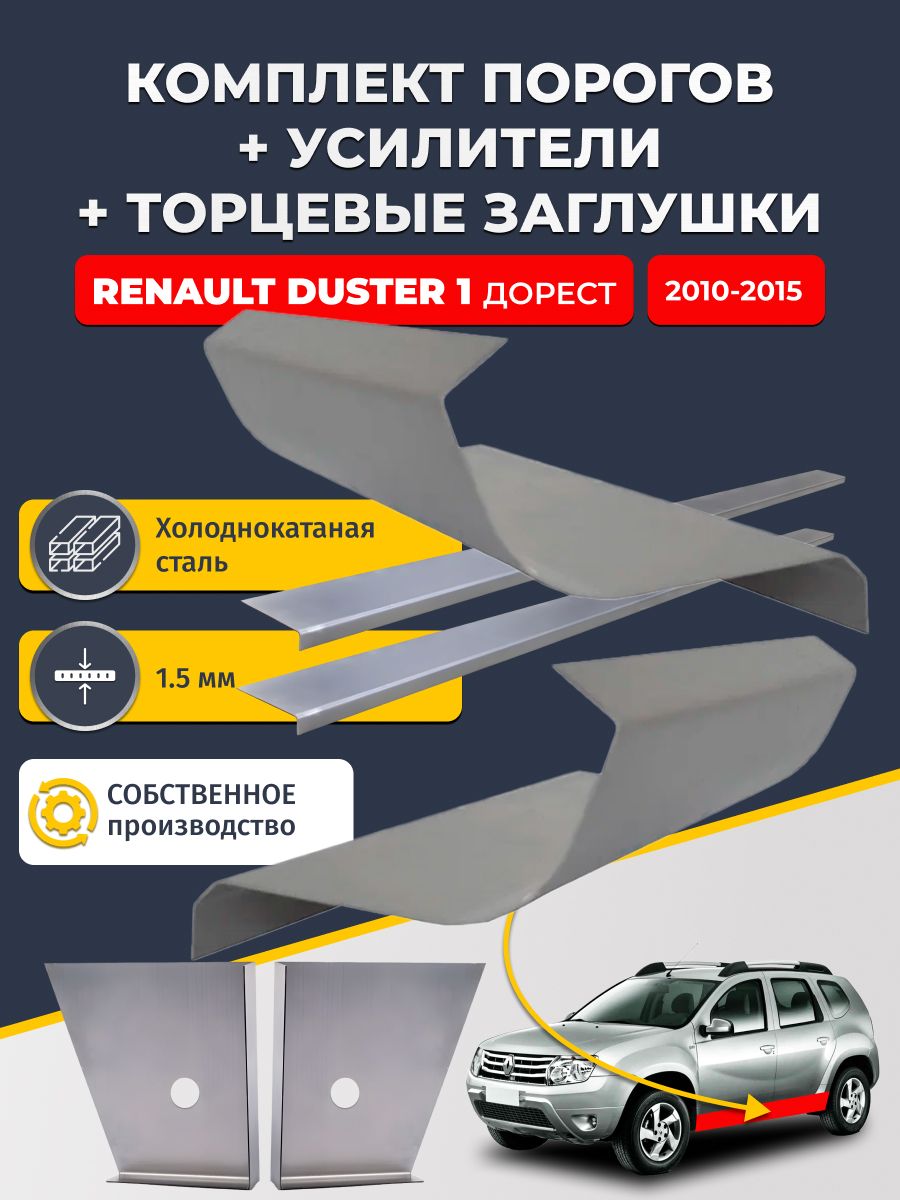 Комплект стандартных ремонтных порогов + усилители + торцевые заглушки на Renault Duster дорест 2010-2015 (Рено Дастер 1), холоднокатаная сталь 1,5 мм.