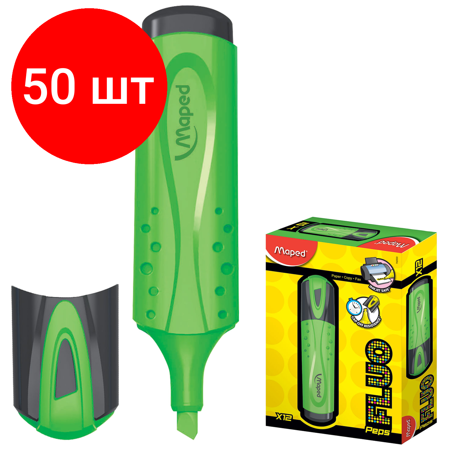 Комплект 50 шт, Текстовыделитель MAPED"Fluo Pep's Classic", зеленый, линия 1-5 мм, 742533