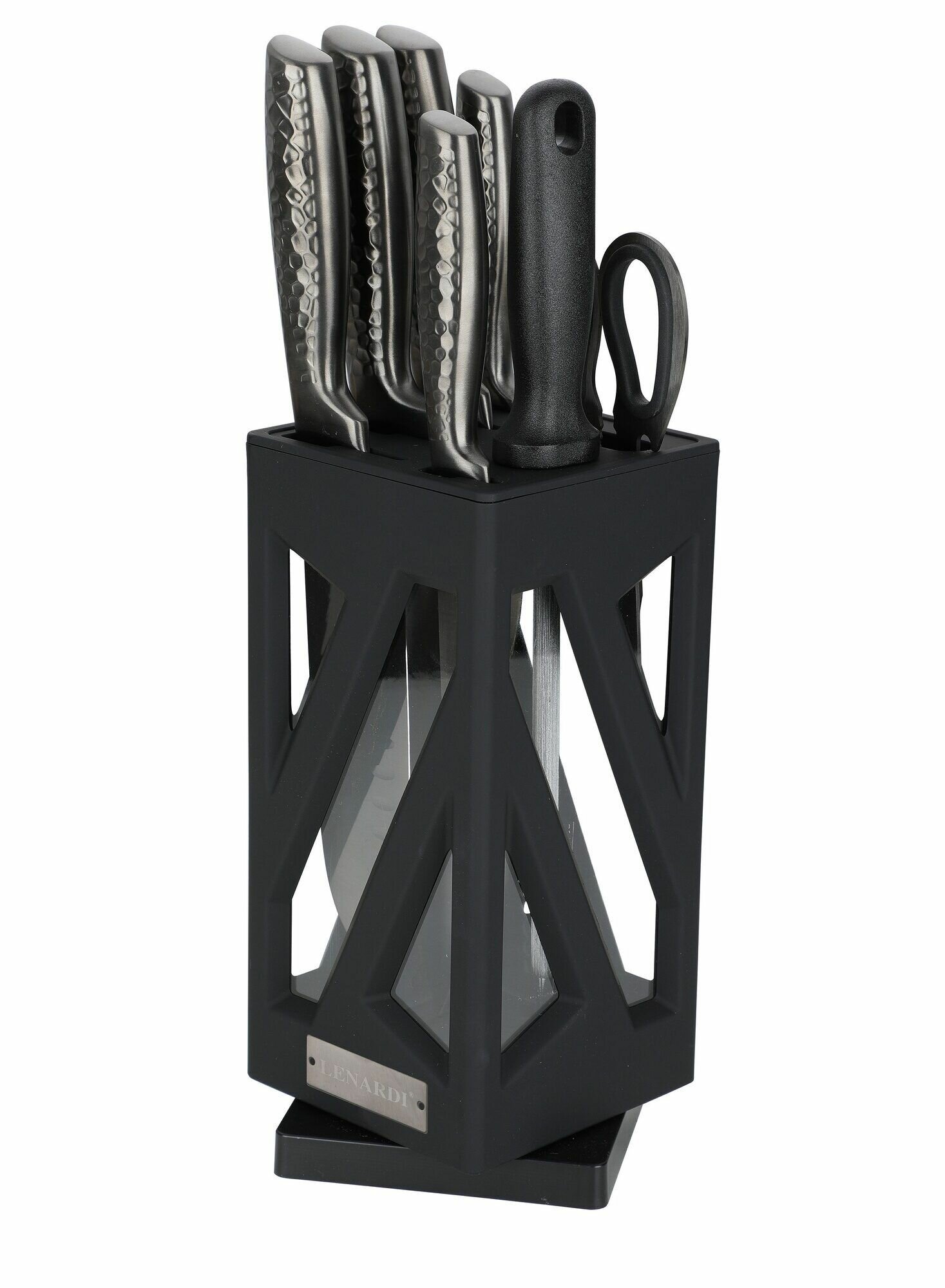 Набор кухонных ножей 7 предметов с подставкой и ножницами из нержавеющей стали в подарочной упаковке Lenardi, мусат в комплекте