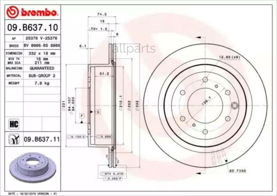 BREMBO 09. B637.11 Диск торм. зад.[332x18] 6 отв.