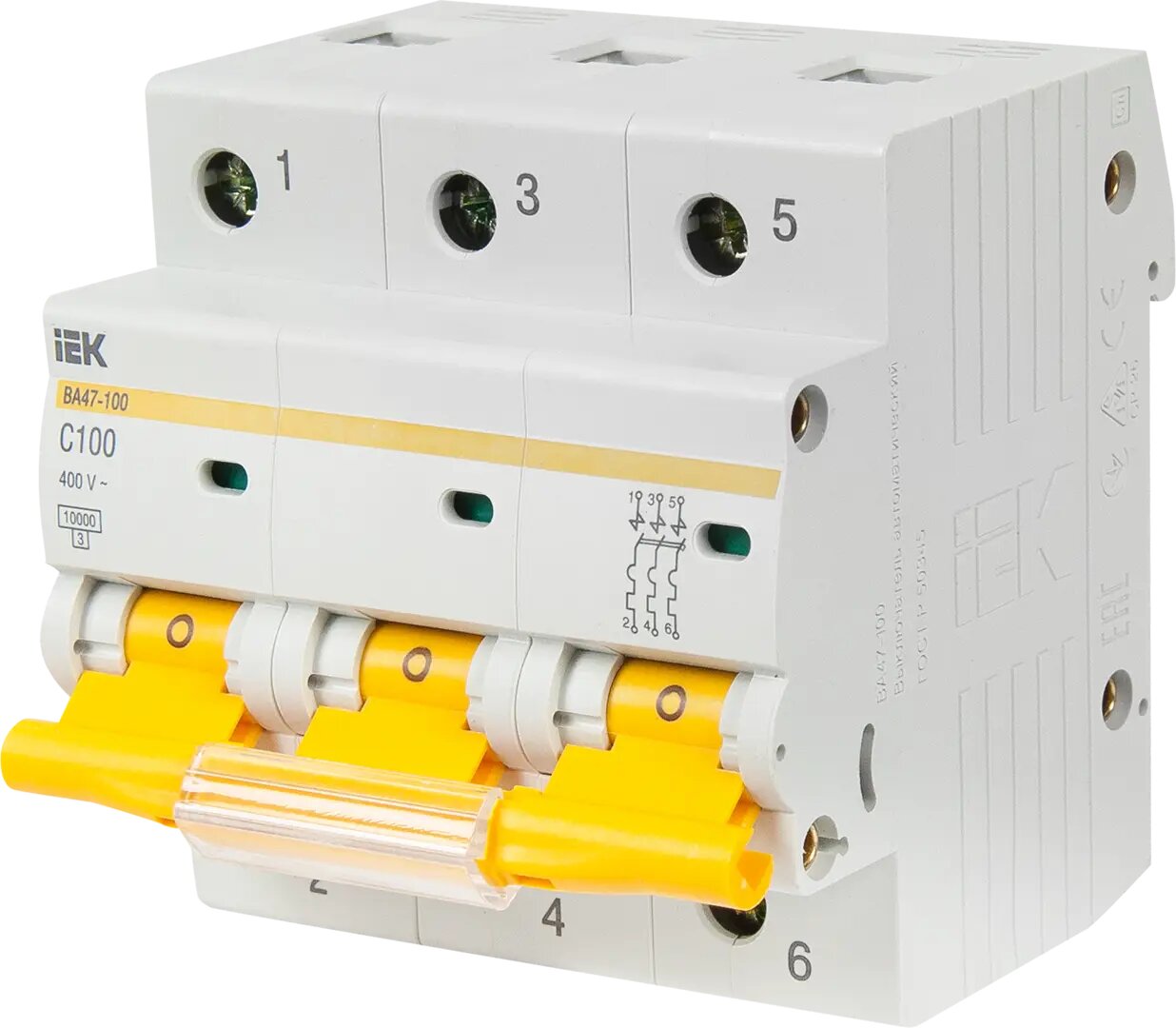 Выключатель автоматический трехполюсный ВА47-100 100А C 10кА. MVA40-3-100-C IEK