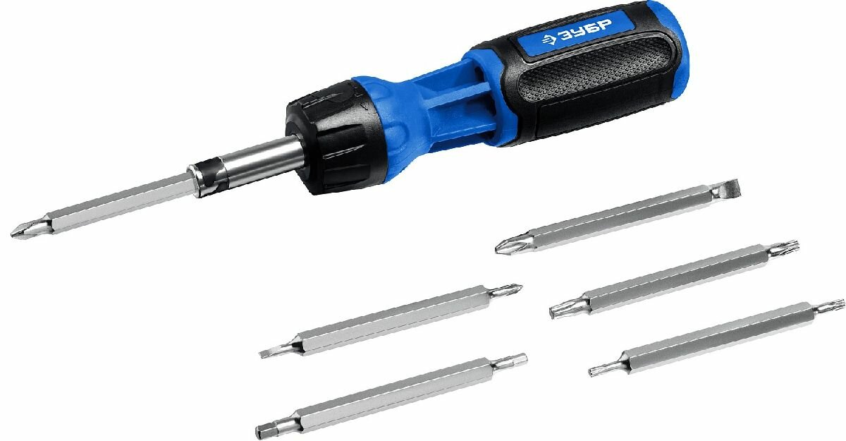 Реверсивная отвертка ЗУБР Профессионал с насадками 12 шлицов Cr-Mo стержень кейс