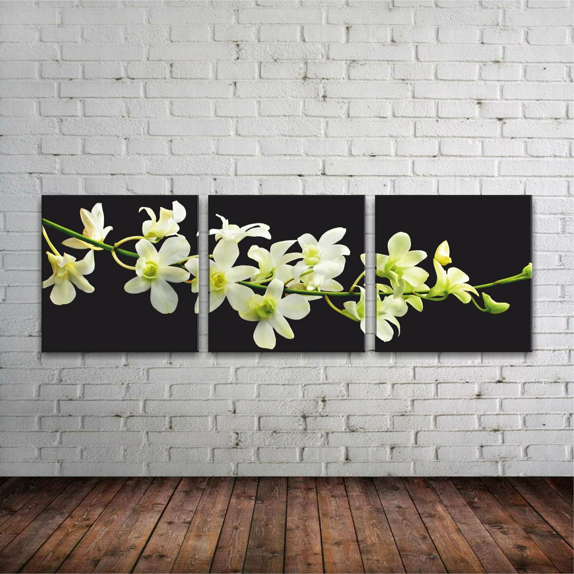 Модульная картина из сегментов на натуральном холсте "белая орхидея" 150х50см/ Картина для интерьера дома