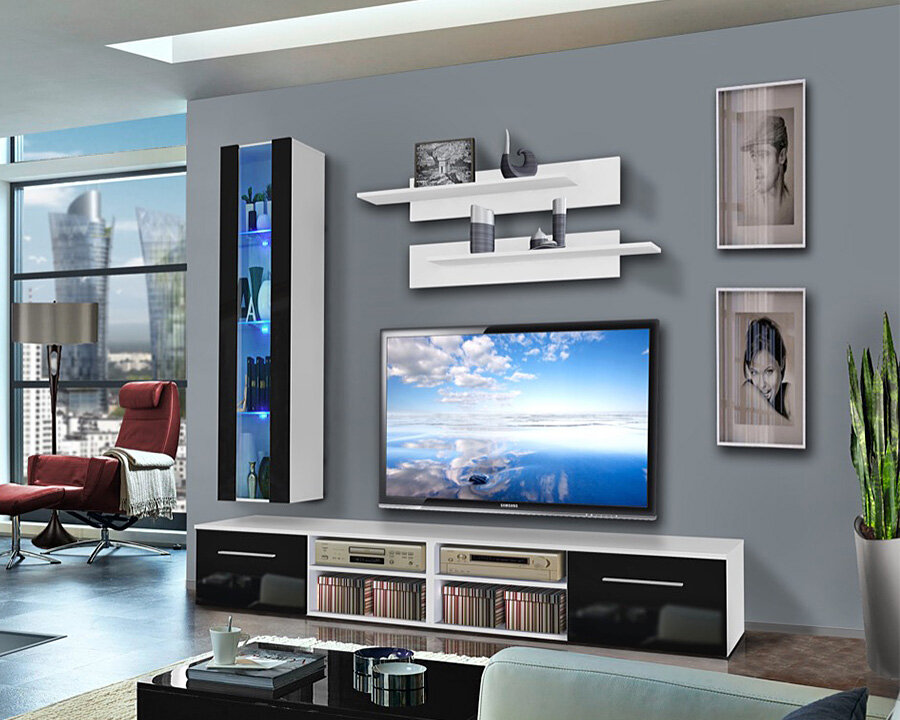 Гостиная 18 МДФ (черная) / Белый Фасадный 0101 NEW 120x45x210 см, черный, белый фасадный Фиеста