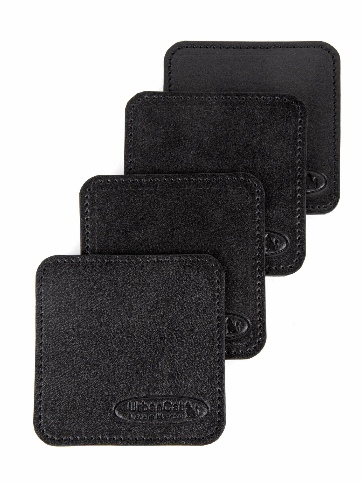 Набор подставок бирдекелей для бокалов из черной кожи, 4 штуки