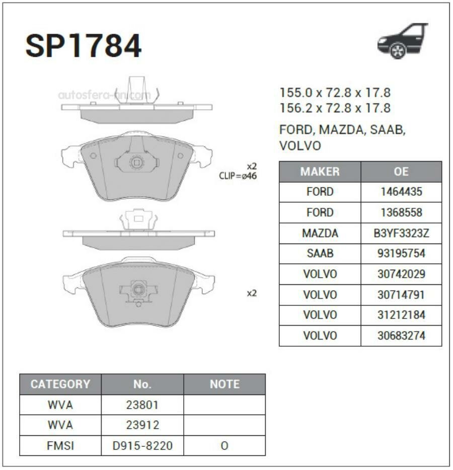 SANGSIN BRAKE SP1784 SP1784 колодки дисковые передние!\ Opel Vectra C 2.8i, Volvo S40/V50 1.6-2.5/1.6D/2.0D 04>