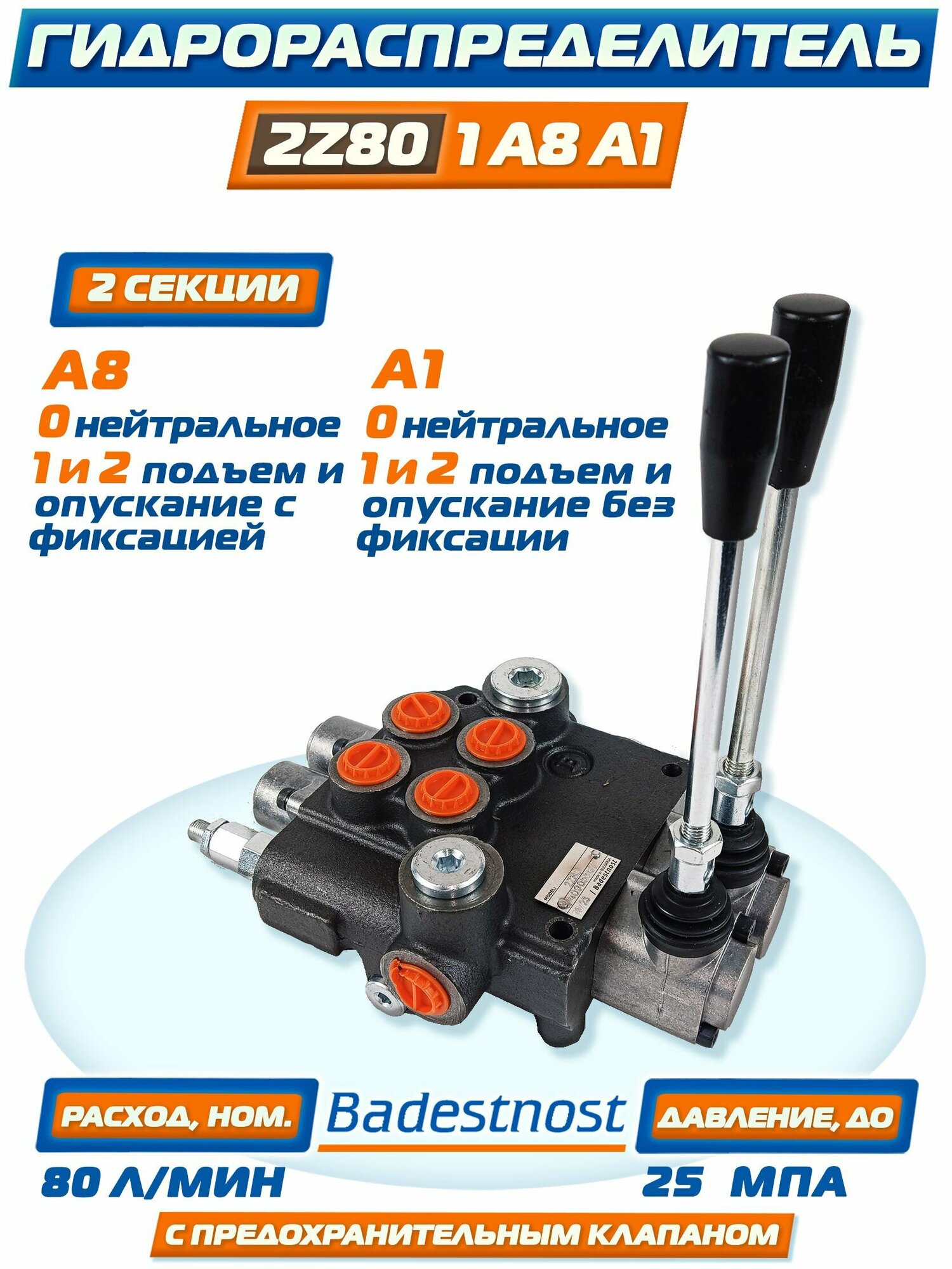 Гидрораспределитель 2Z801A8А1 Gkz1, "Badestnost" Болгария, 80 литров в минуту, 2 секции, одна с фиксацией.