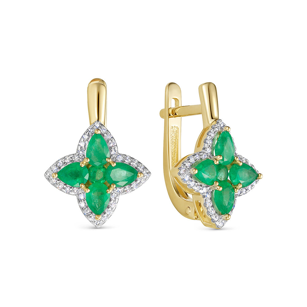 Серьги, желтое золото, 585 проба, родирование, изумруд