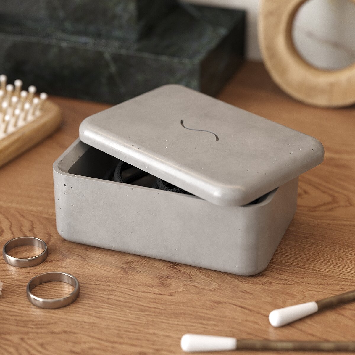 Контейнер для мелочей в ванную Pandora, органайзер, шкатулка для украшений с крышкой, бетон, серый глянцевый