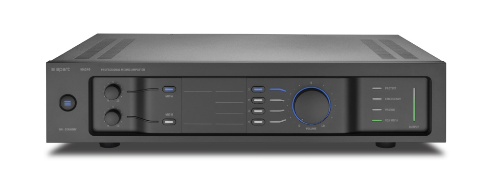Усилитель BIAMP [MA240] (APART) 1-канальный, микширующий: 240Вт (4Ом/100В). Вх:3xEuroblock(3-pin); 4хRCA.1хприоритетный("сухие контакты"). Вых: Euroblock. 2U.